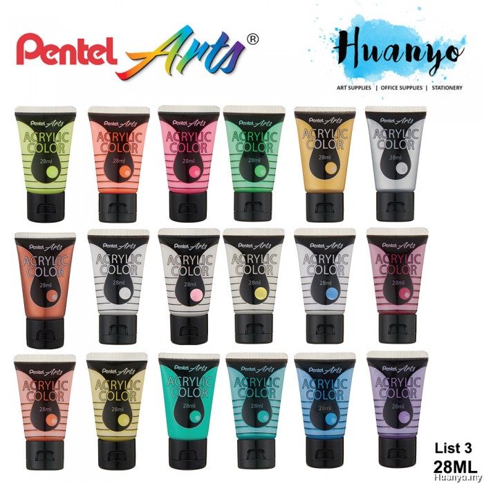 Pentel Arts Acrylic Colour Paint 28ML - Gold / Silver / Copper ...