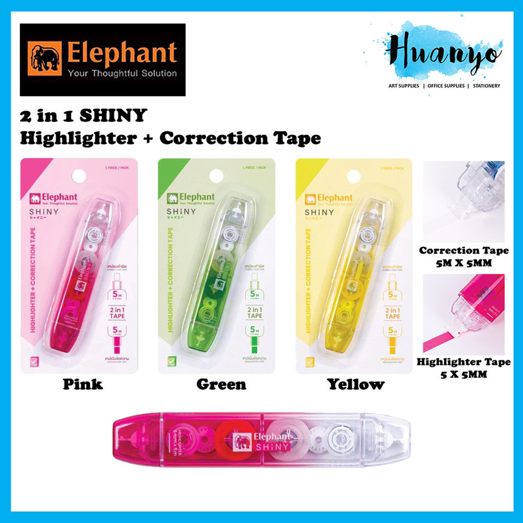 Elephant SHINY 2 in 1 Highlighter + Correction Tape 5M X 5MM (Pink ...